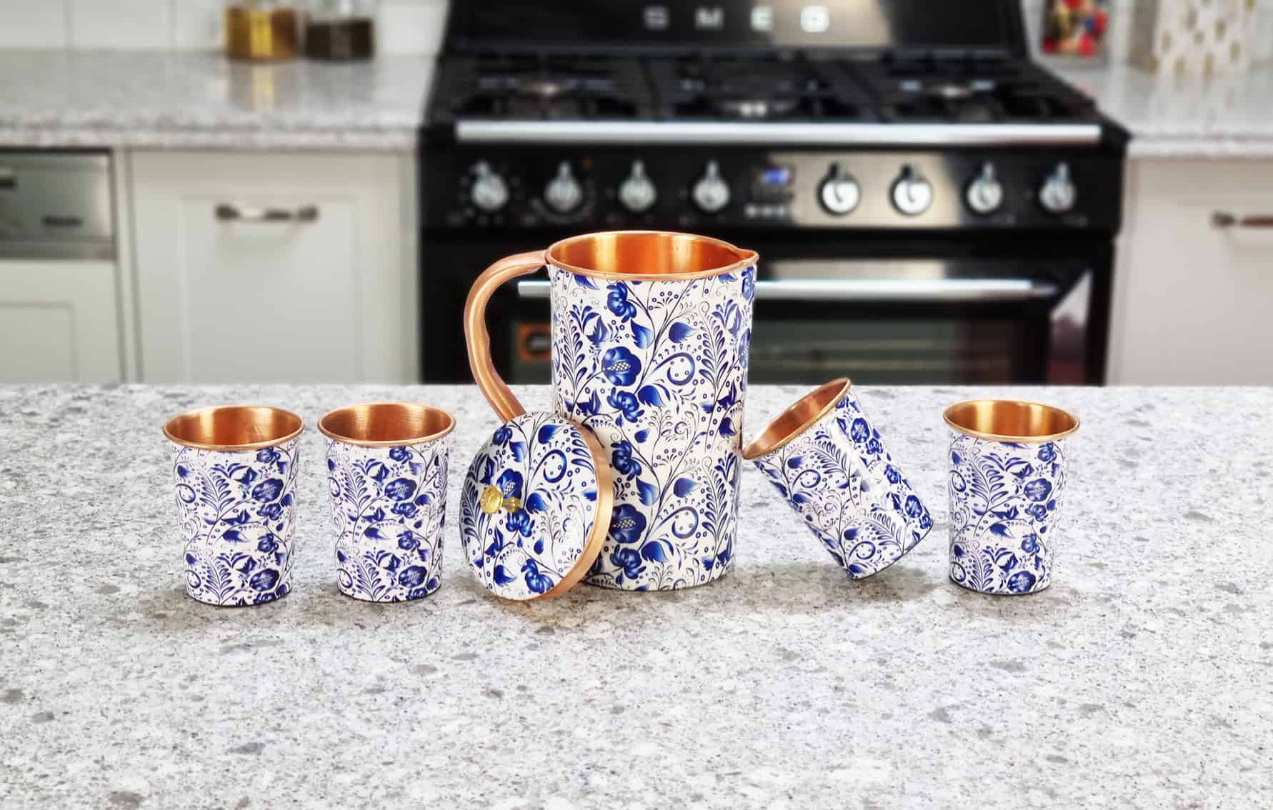 A3. Blue Vine Enamel Printed Copper Jug 1.5L Medium and 4 Matching Pure ...